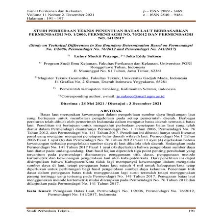 Study on Technical Differences in Sea Boundary Determination Based on Permendagri No. 1/2006 ...