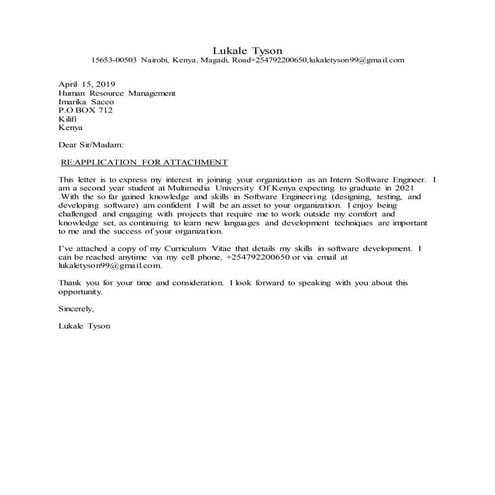 Lukale tyson application letter | PDF