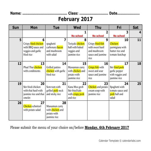 Lunch Menu: February 2017 | PDF