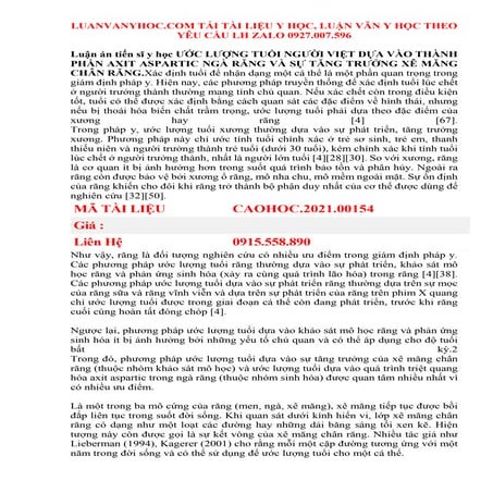Luận án tiến sĩ y học ƯỚC LƯỢNG TUỔI NGƯỜI VIỆT DỰA VÀO THÀNH PHẦN AXIT ASPARTIC NGÀ RĂNG VÀ SỰ ...