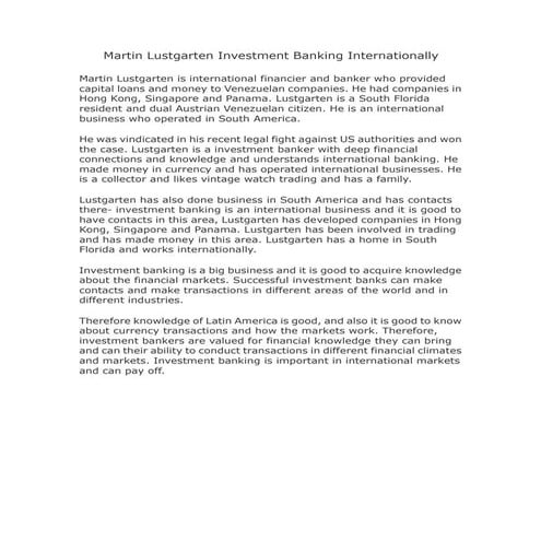 Martin Lustgarten, Investment banking