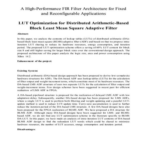 Lut Optimization For Distributed Arithmetic Based Block Least Mean Square Adaptive Filter Pdf 
