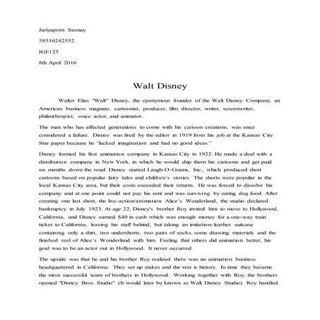 Walt Disney Biography (IGE125) | DOCX | Family/Children | Genres