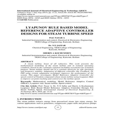 Lyapunov rule based model reference adaptive controller designs for steam turbine speed | PDF