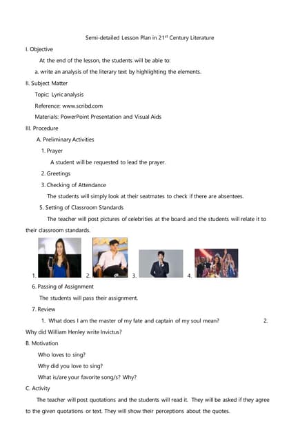 Semi detailed lesson plan in english(plot of the story) | DOCX