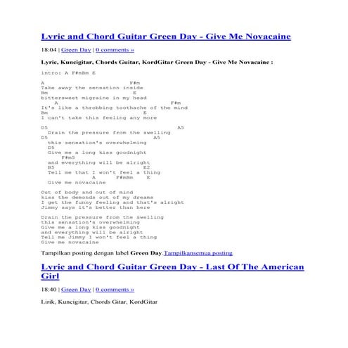 Lyric and chord guitar green day | DOCX