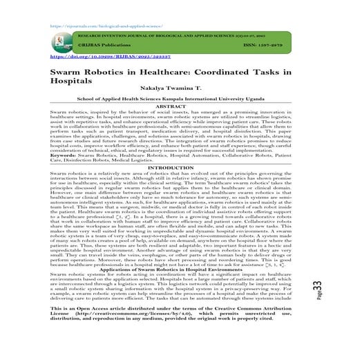 Swarm Robotics in Healthcare: Coordinated Tasks in Hospitals (www.kiu.ac.ug) | PDF