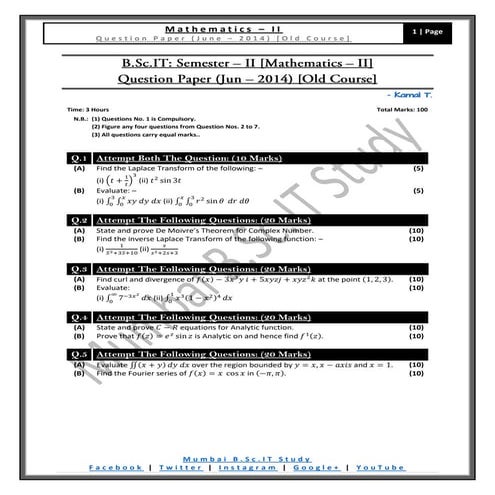 [Question Paper] Mathematics – II (Old Course) [June / 2014] | PDF