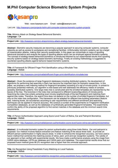 Mphil Computer Science Biometric System Projects Pdf