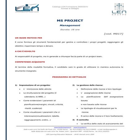 MS Project Management - Scheda corso LEN | PDF