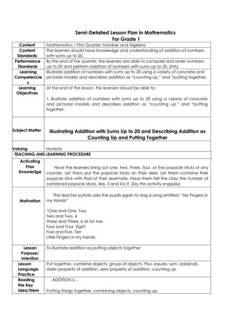 A detailed lesson plan in math grade 1 | DOCX | Education