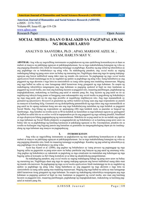 MGA SALIK NA NAKAAAPEKTO SA ANTAS NG PAGUNAWA SA PAGBASA NG MGA MAG-AARAL SA JUNIOR HIGH SCHOOL ...