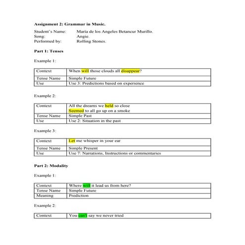 Assignment 2 Grammar in songs | DOCX