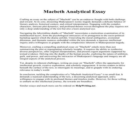 Macbeth Analytical Essay. Chattahoochee Technical College | PDF