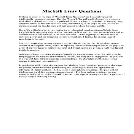 Macbeth Essay Questions. Macbeth: Seven GCSE Style Extract Essay ...