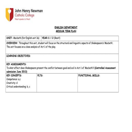 Macbeth Medium Term Plan - KS4 | DOC