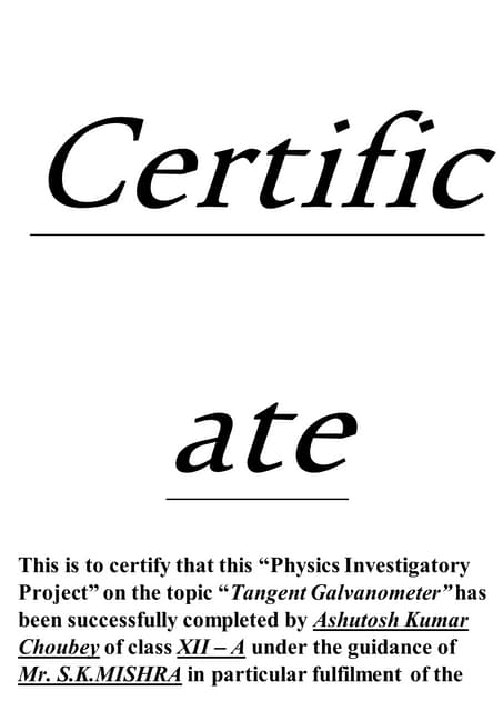 Physics Investigatory Project - Class 12 - Tangent Galvanometer | PDF