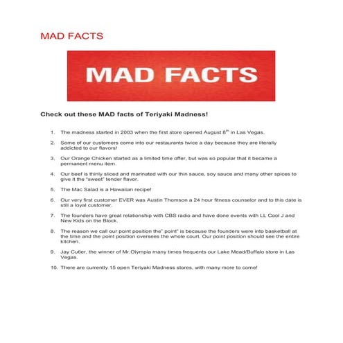 Mad facts of Teriyaki Madness | PDF