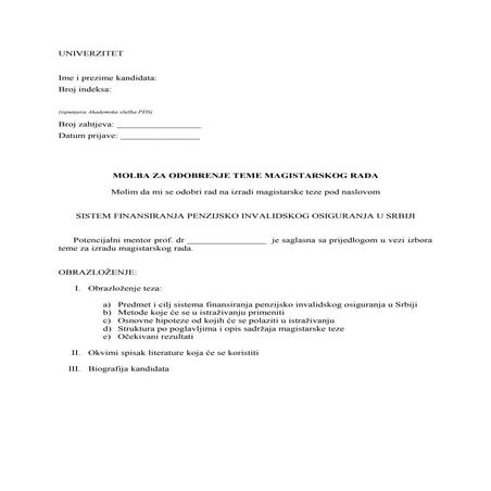 Magistarski molba za odobrenje teme sistem finansiranja penzijsko ...