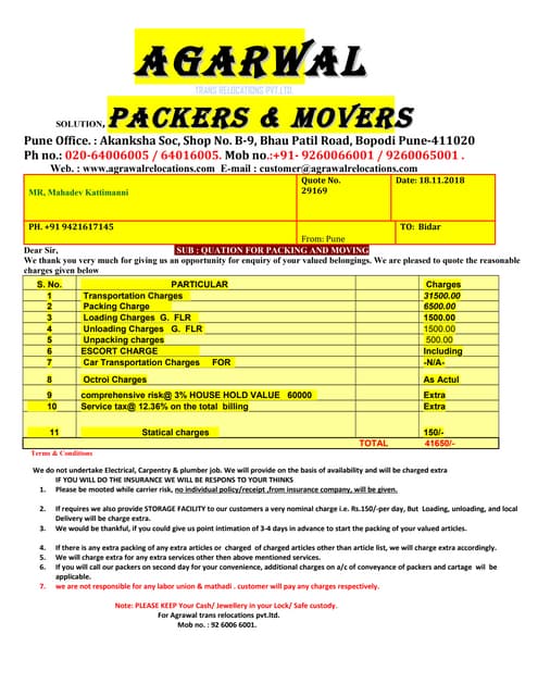 Quotations format for Packers and Movers Companies in India | PDF