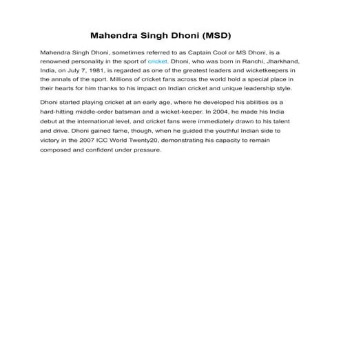 presentation on Mahendra Singh Dhoni (THALA) | PPTX