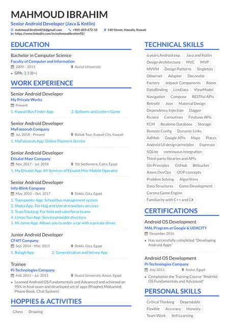 Ali Mansour Senior Android developer resume | PDF