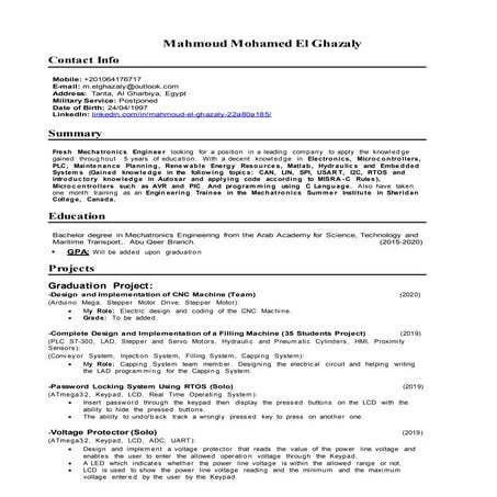Mahmoud el ghazaly embedded systems cv | PDF