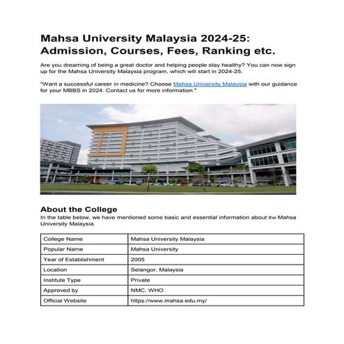 Mahsa University Malaysia 2024-25: Admission, Courses, Fees ...