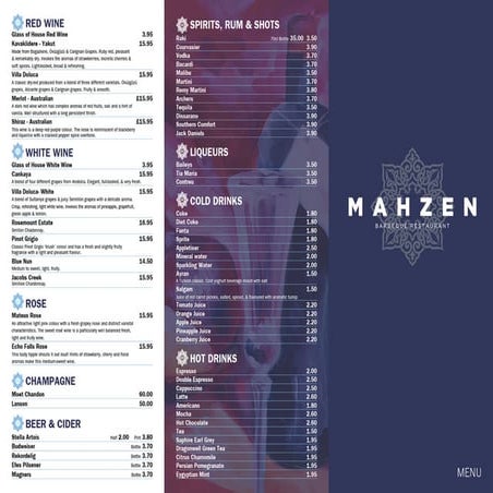 Mahzen Turkish Restaurant- Menu | PDF