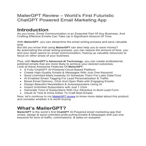 MailerGPT Review - World’s First Futuristic ChatGPT Powered Email Marketing App | PDF
