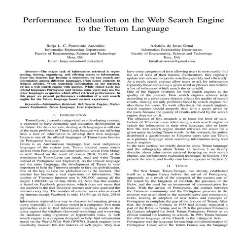 Performance Evaluation on the Web Search Engine to the Tetum Language | PDF