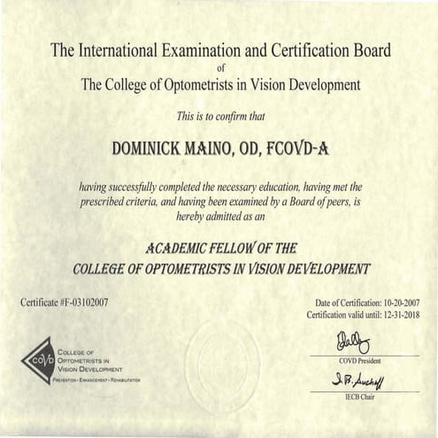 Certificate of Fellowship in the College of Optometrists in Vision ...