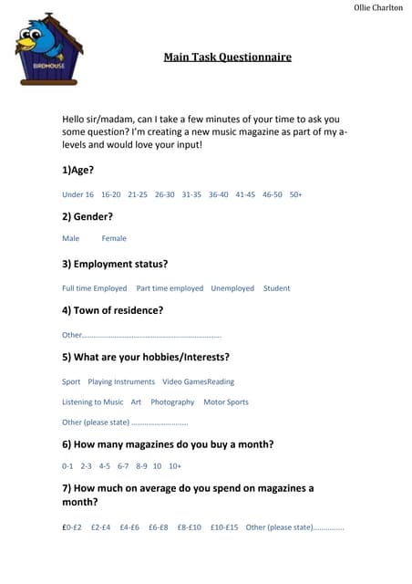 Pop magazine questionnaire