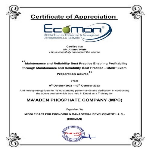 Certificate of Appreciation for conducting the "MAINTENANCE AND ...