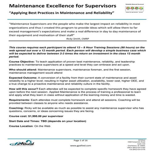 Maintenance Excellence For Maint Supervisor Web | PDF