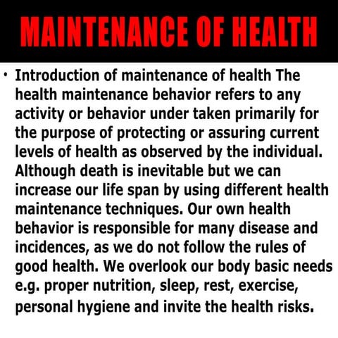 MAINTENANCE OF HEALTH.pptx total seven dimention of health | PPTX
