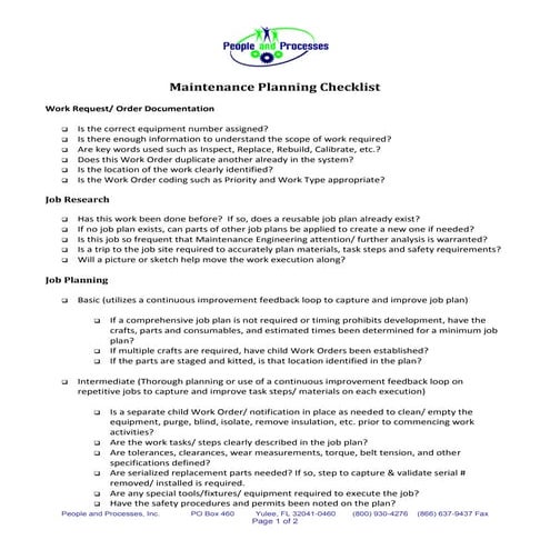 Maintenance Planning Checklist | PDF
