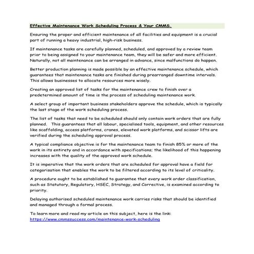 Maintenance Work Scheduling Process And Systems Pdf