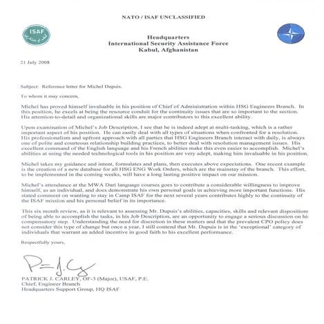 Major Carleys Letter Of Reference July 2008 Unclass | PDF