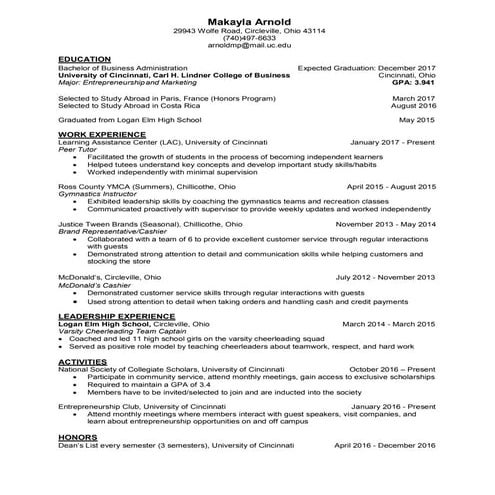Makayla Arnold- Resume University of Cincinnati | PDF
