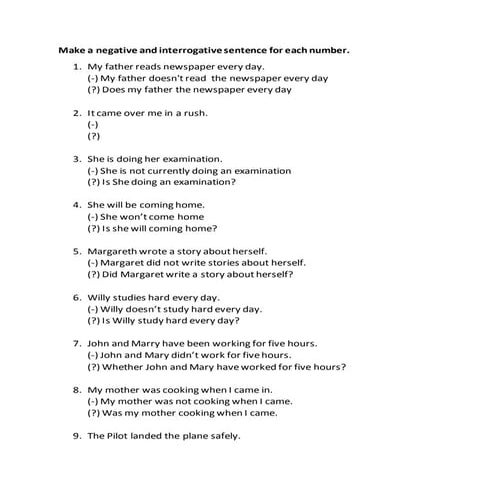 Make a negative and interrogative sentence for each number | DOCX ...