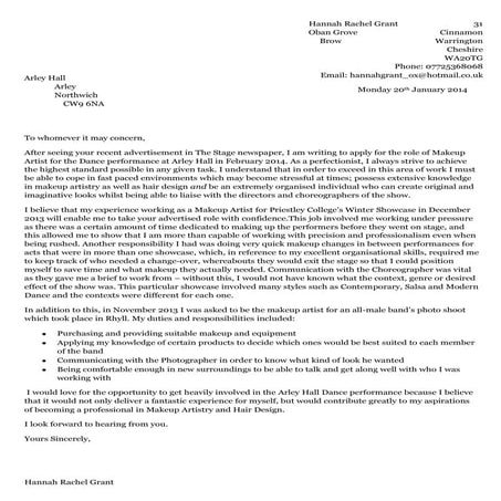 Makeup artist letter of application | DOCX