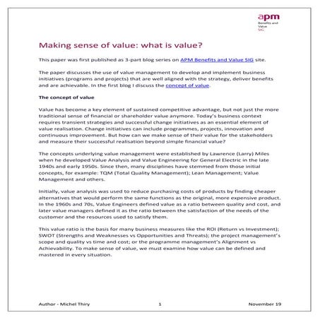 Making sense of value - APM blog series, Michel Thiry | PDF