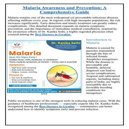 Malaria Awareness and Prevention: A Comprehensive Guide | PDF
