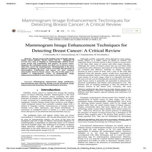 Mammogram image enhancement techniques for detecting breast cancer | PDF