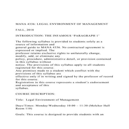 MANA 4336 LEGAL ENVIRONMENT OF MANAGEMENT FALL, 2018 .docx