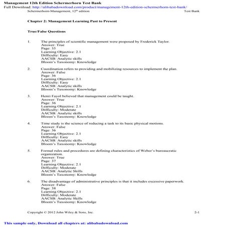 Management 12th Edition Schermerhorn Test Bank | PDF
