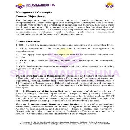 Management Concepts Study Material - Unit I to Unit III | PDF