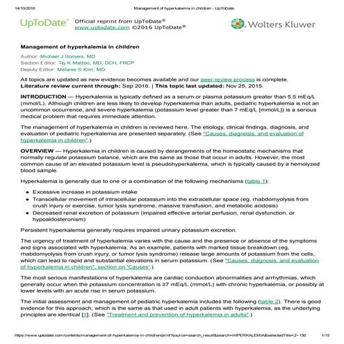 Management of hyperkalemia in children up todate (1) | PDF