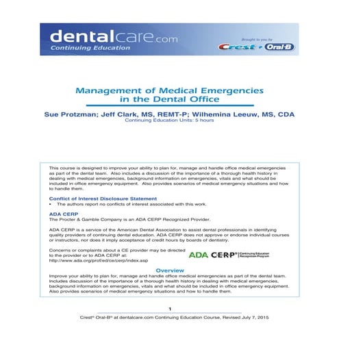 Management of medical emergencies in the dental office | PDF